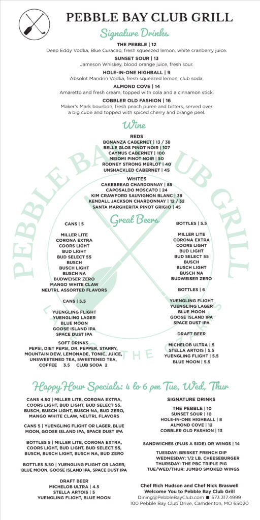 Pebble Bay Club Menu – Pebble Bay Club
